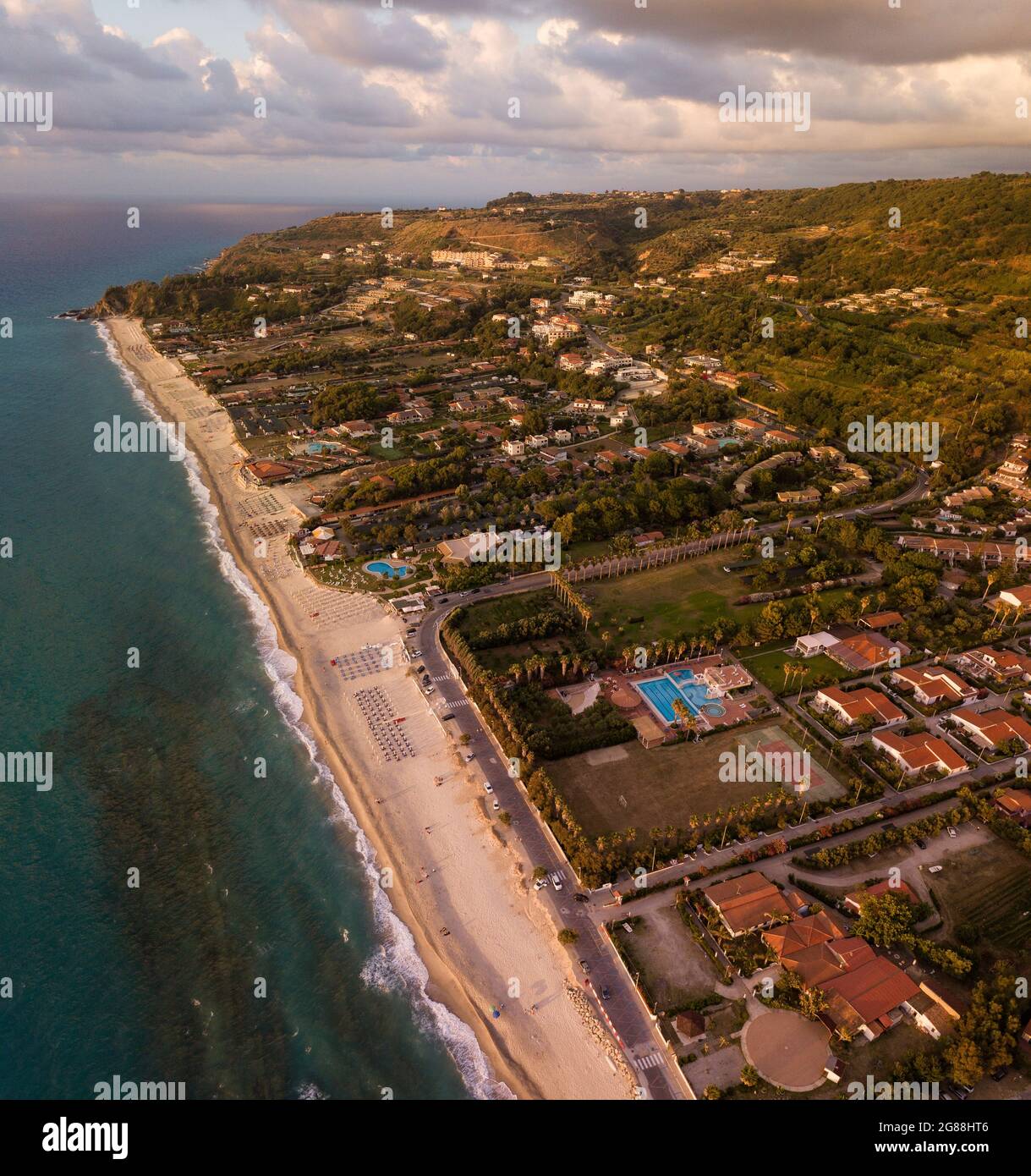 Aerial view of a sunset over the sea in Zambrone, coast of Calabria ...
