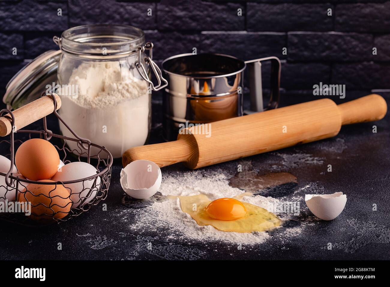 Table with baking products and tools. Culinary, baking concept Stock ...