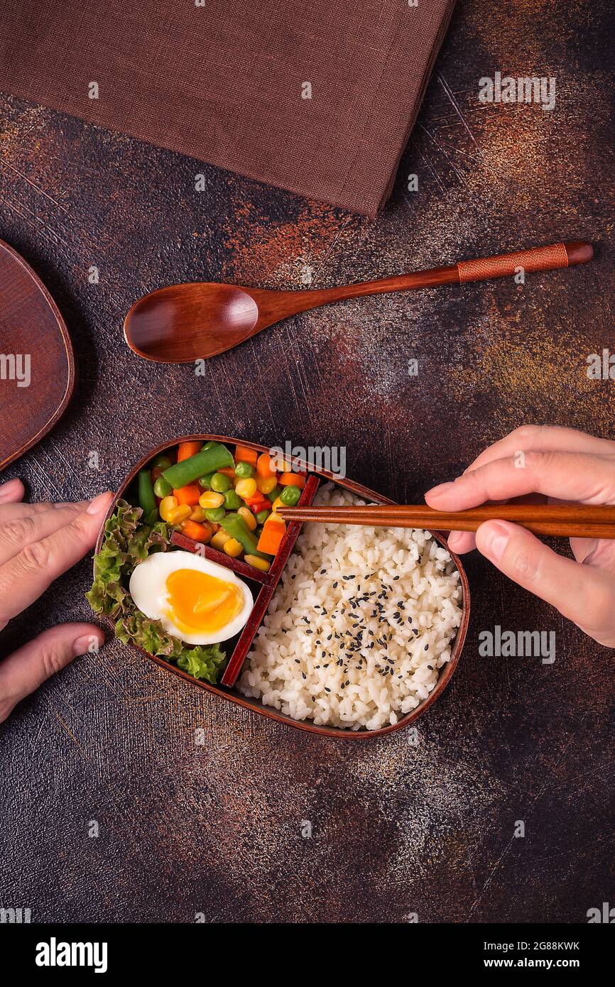 Healthy lunch in wooden japanese bento box. Balanced healthy food ...