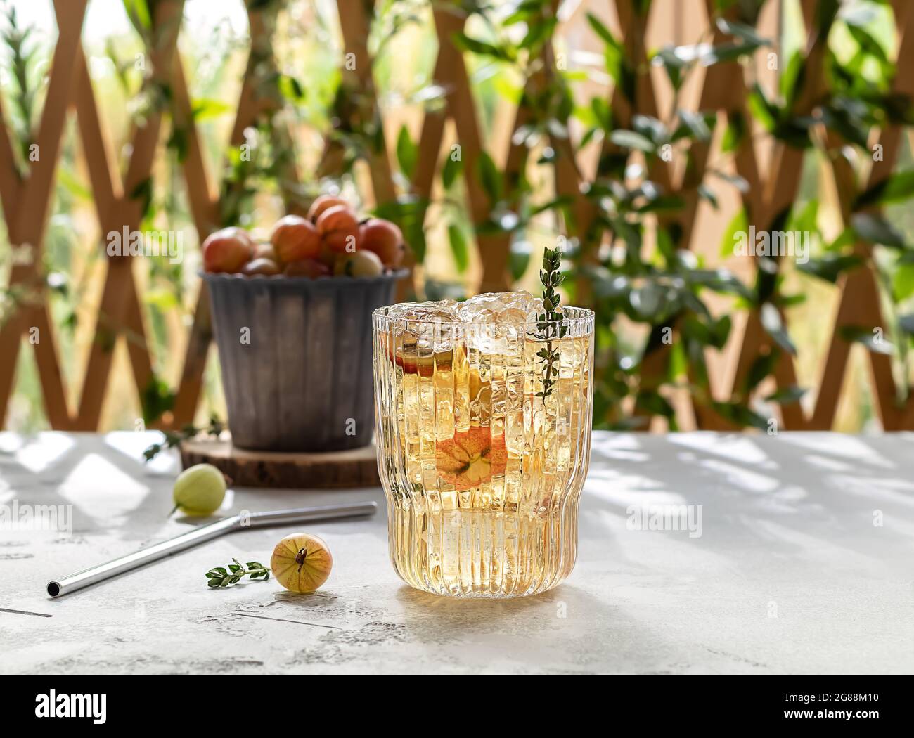 Gooseberry ice tea or lemonade. Summer homemade refreshing mocktail ...