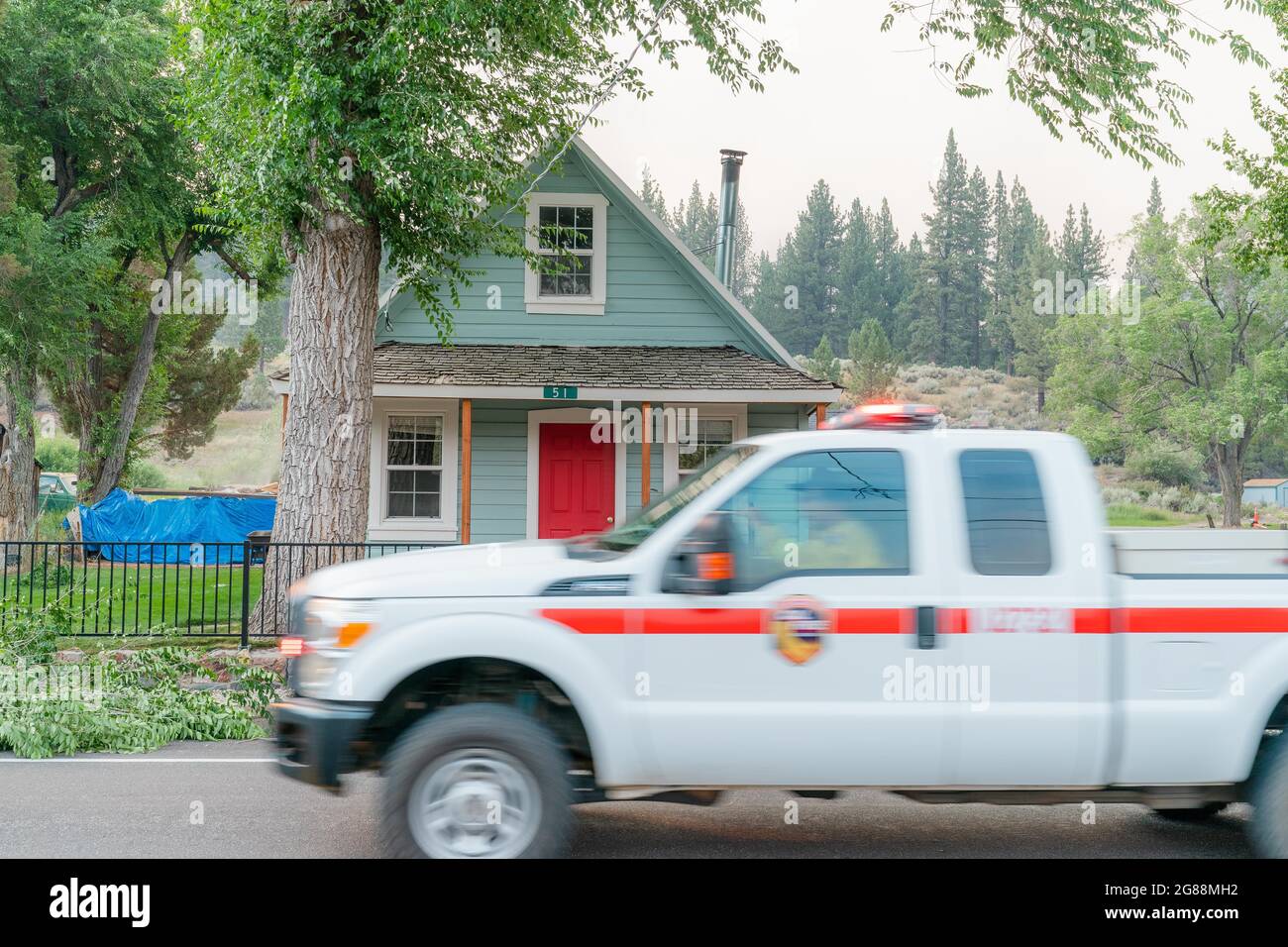 Markleeville, California, USA. 17th July, 2021. A CalFire truck passes ...
