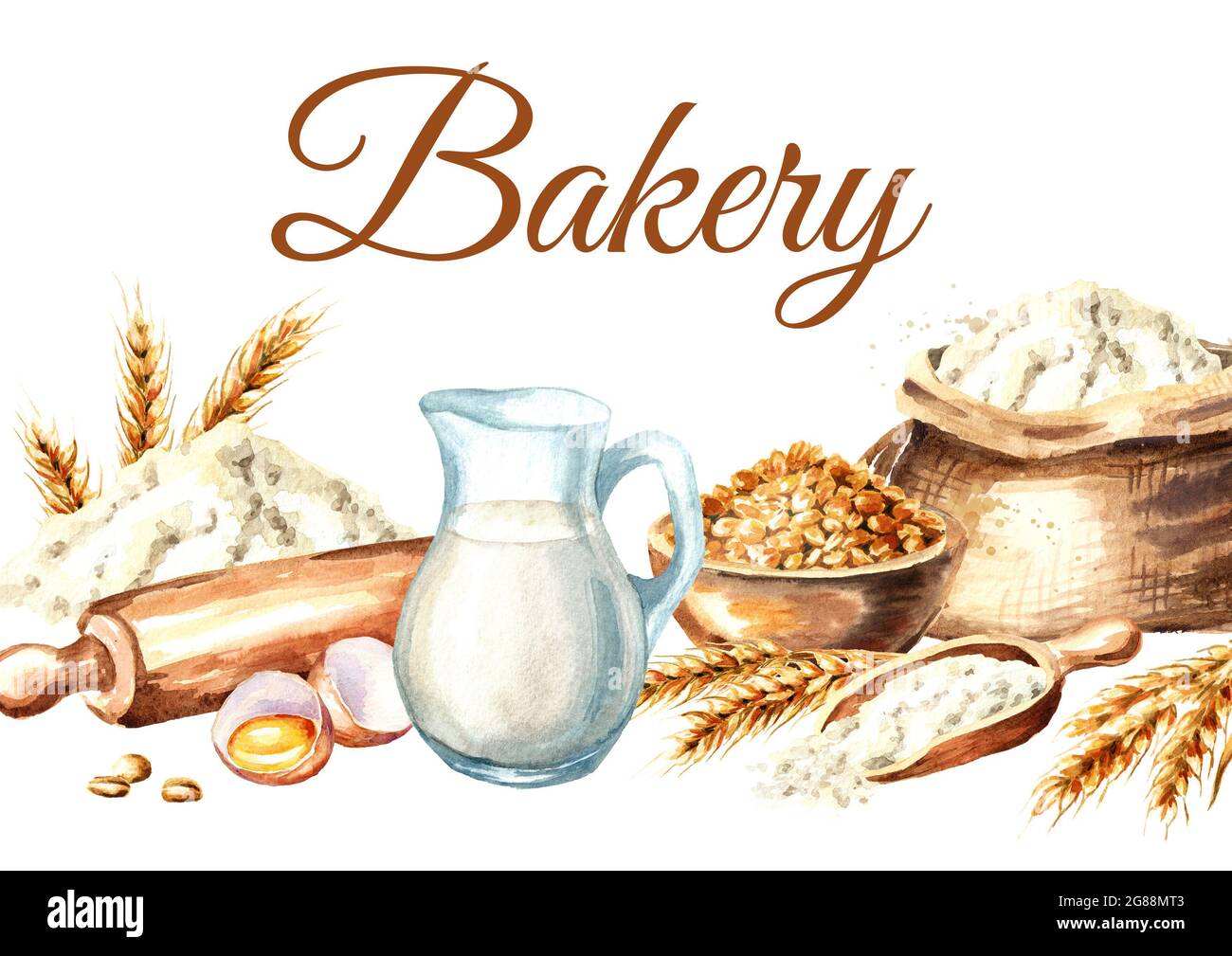 Bakery card. Wooden rolling pin, bowl of flour, broken egg, ears of ...