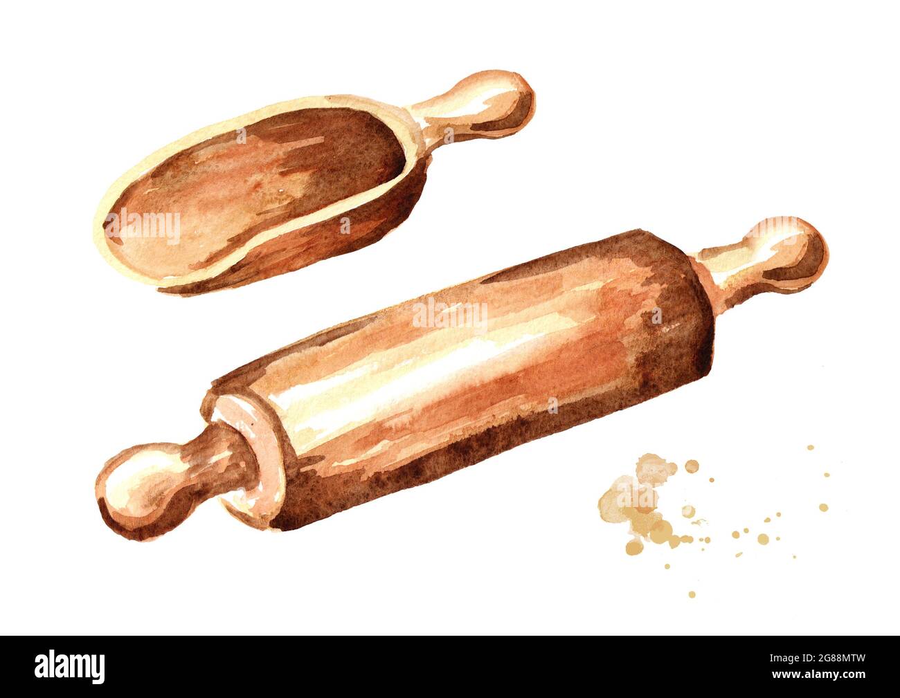 Wooden scoop and rolling pin. Watercolor hand drawn illustration ...