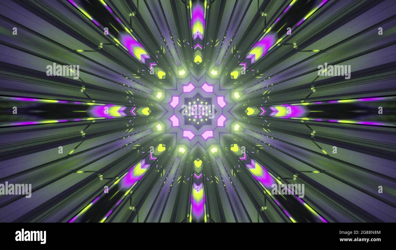 Shiny geometric neon ornament inside futuristic tunnel 4K UHD 3d ...