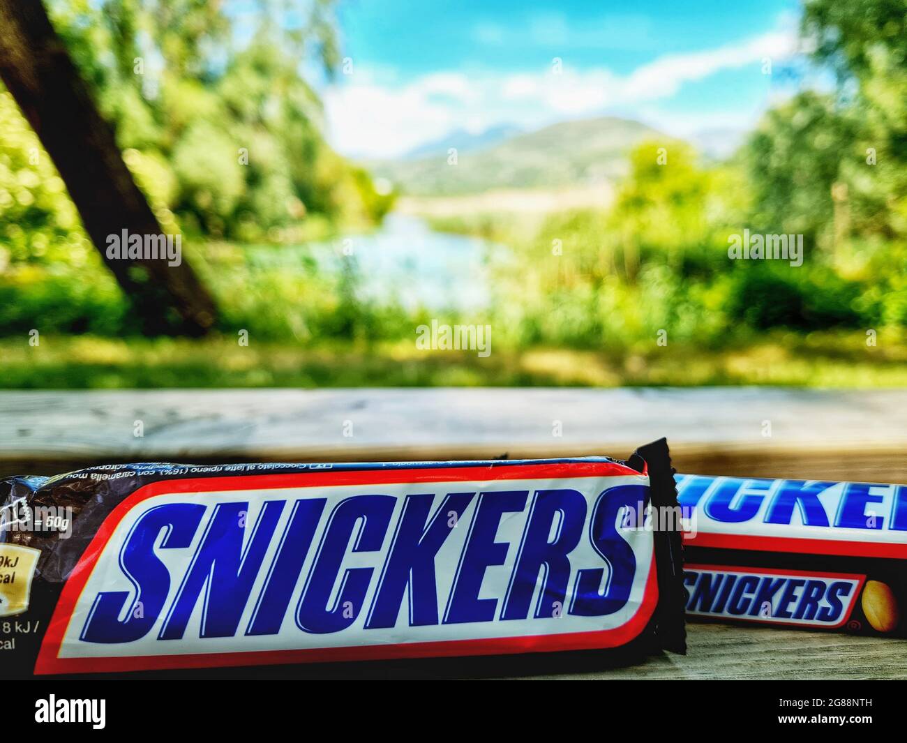 PESCARA, ITALY - May 29, 2021: A selective focus shot of snickers bars ...
