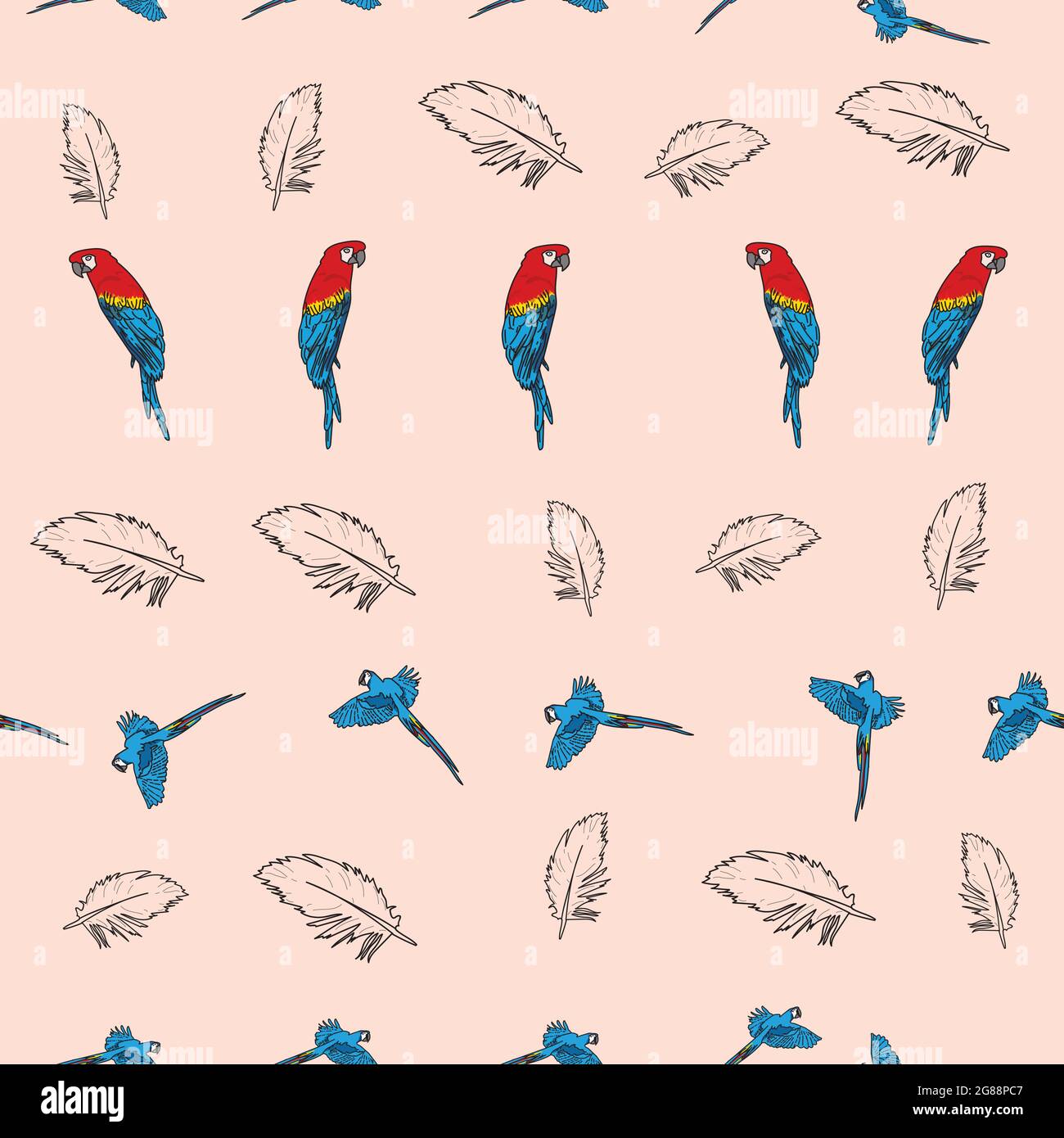 Vector pink background tropical birds, parrots, macaw, exotic cockatoo ...
