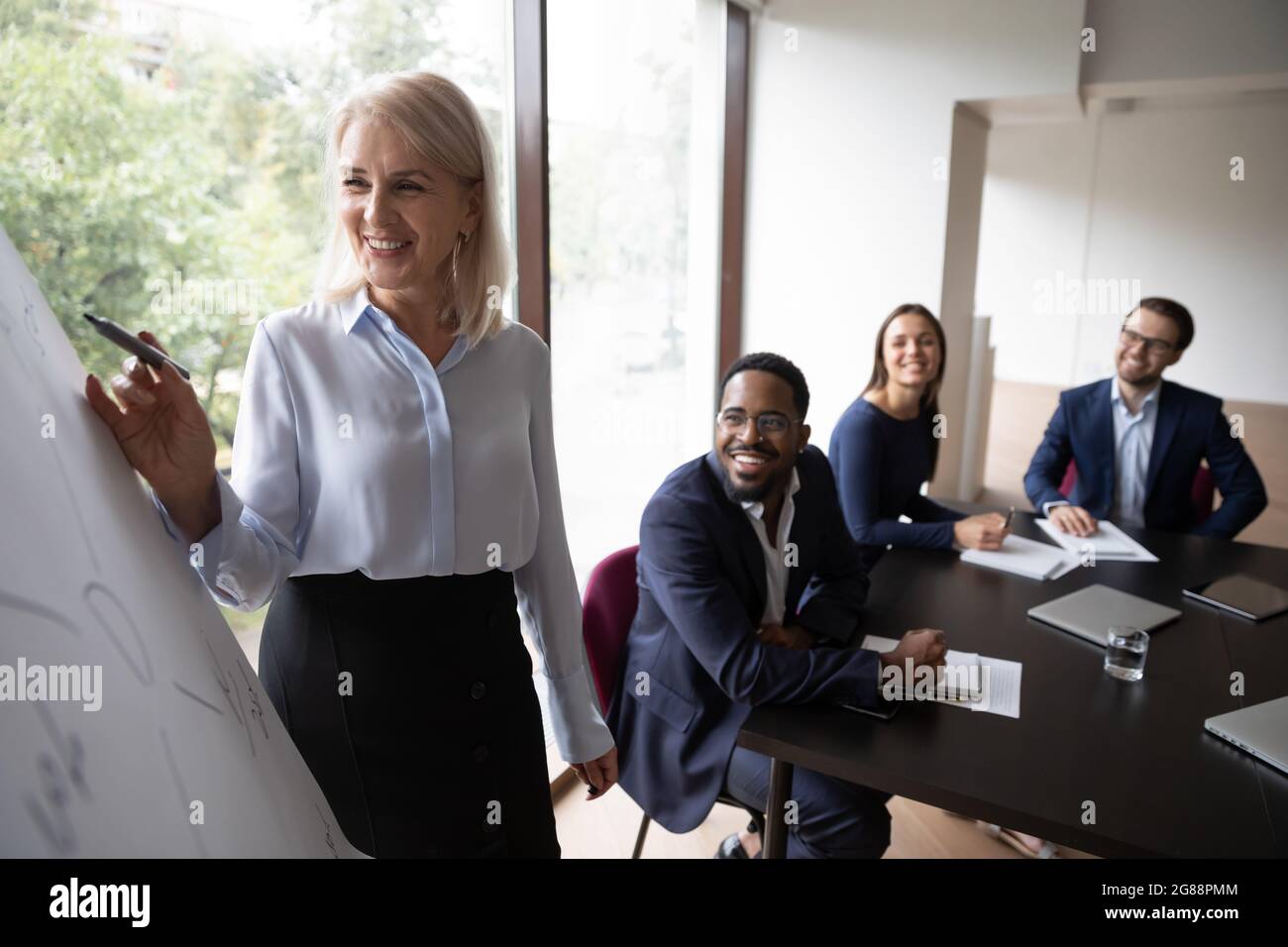 Happy mature business teacher, coach giving workshop to diverse team ...