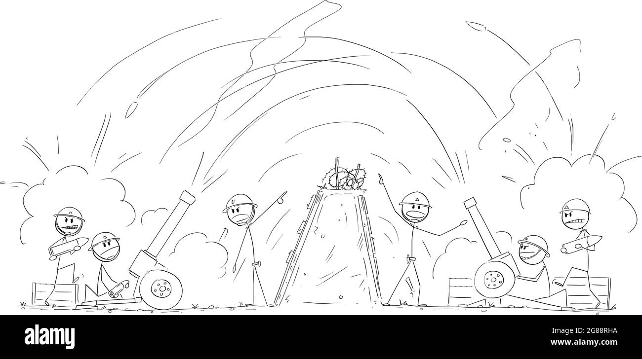 Soldiers in War Shooting Artillery to Others From Trench, Vector ...