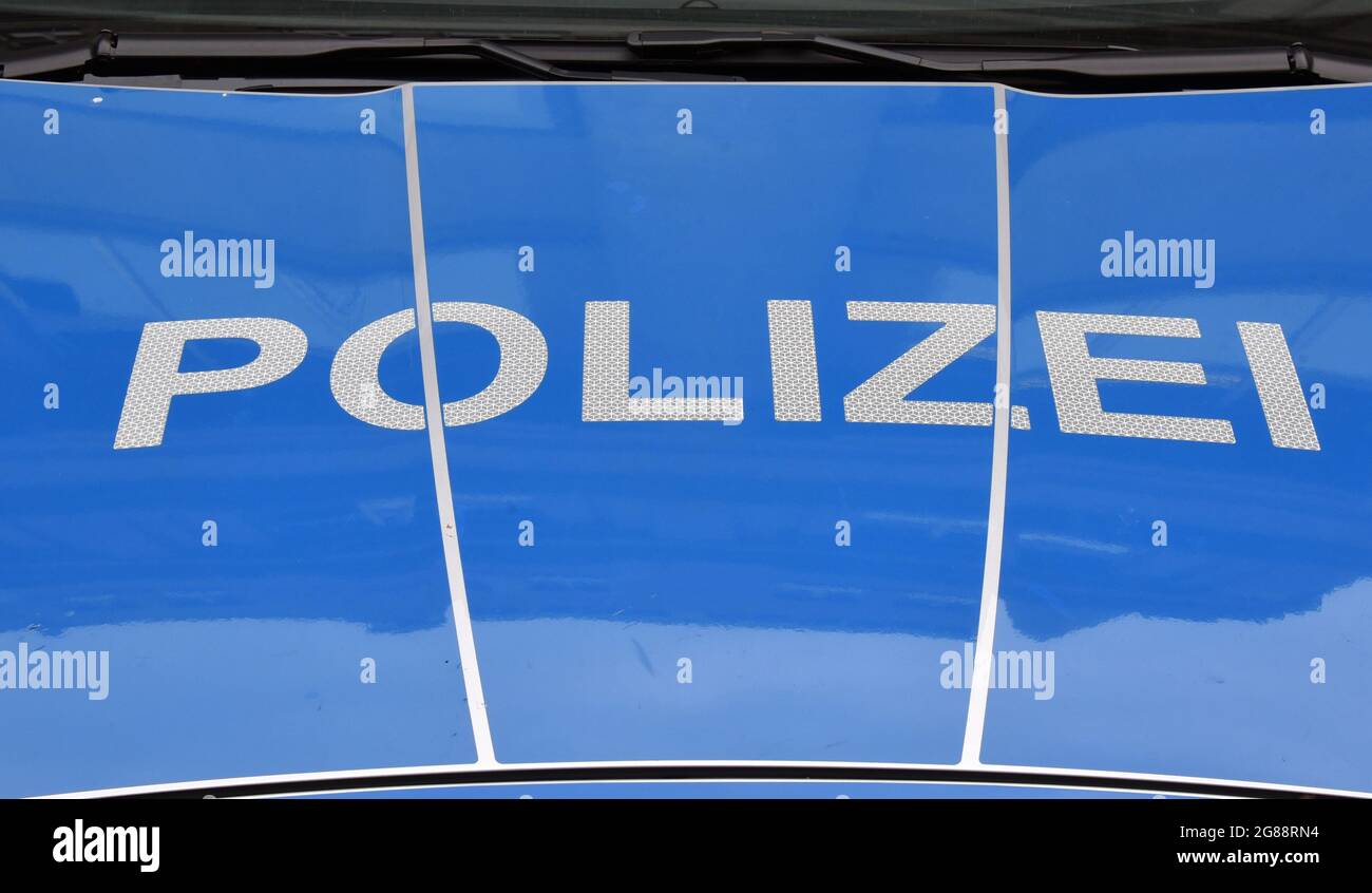Cologne, Germany. 16th July, 2021. Lettering POLIZEI stands on a police ...