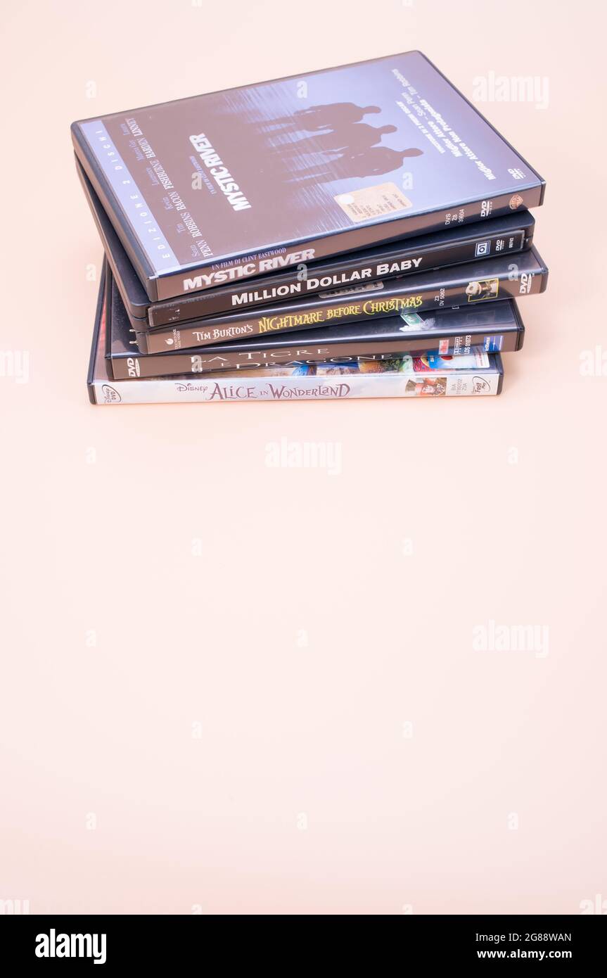 piled up films and documentaries in dvd and blue-ray format Stock Photo ...