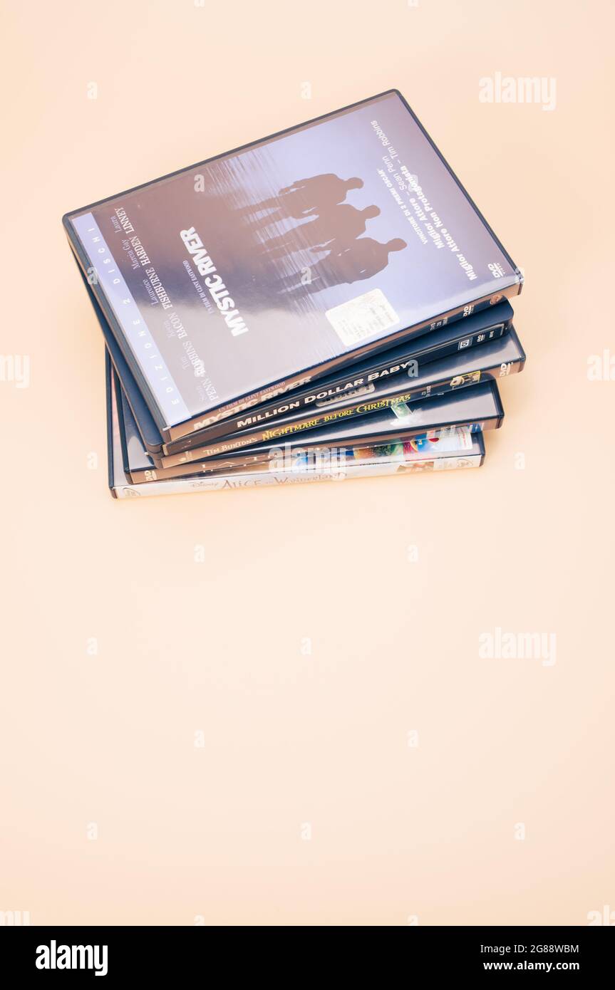 piled up films and documentaries in dvd and blue-ray format Stock Photo ...