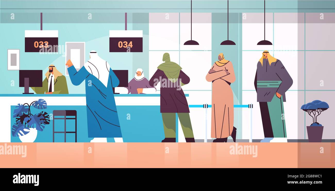 arab people looking at display number board in waiting room electronic ...