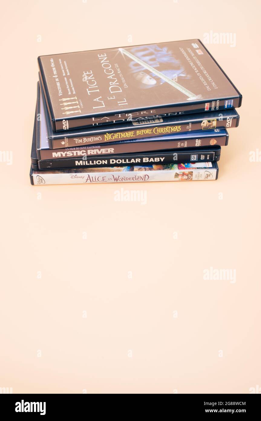 piled up films and documentaries in dvd and blue-ray format Stock Photo ...