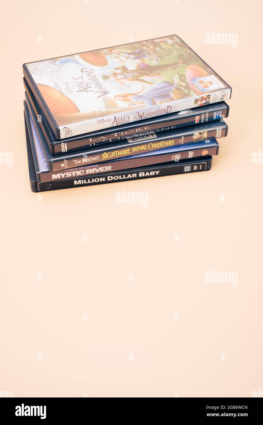 piled up films and documentaries in dvd and blue-ray format Stock Photo ...