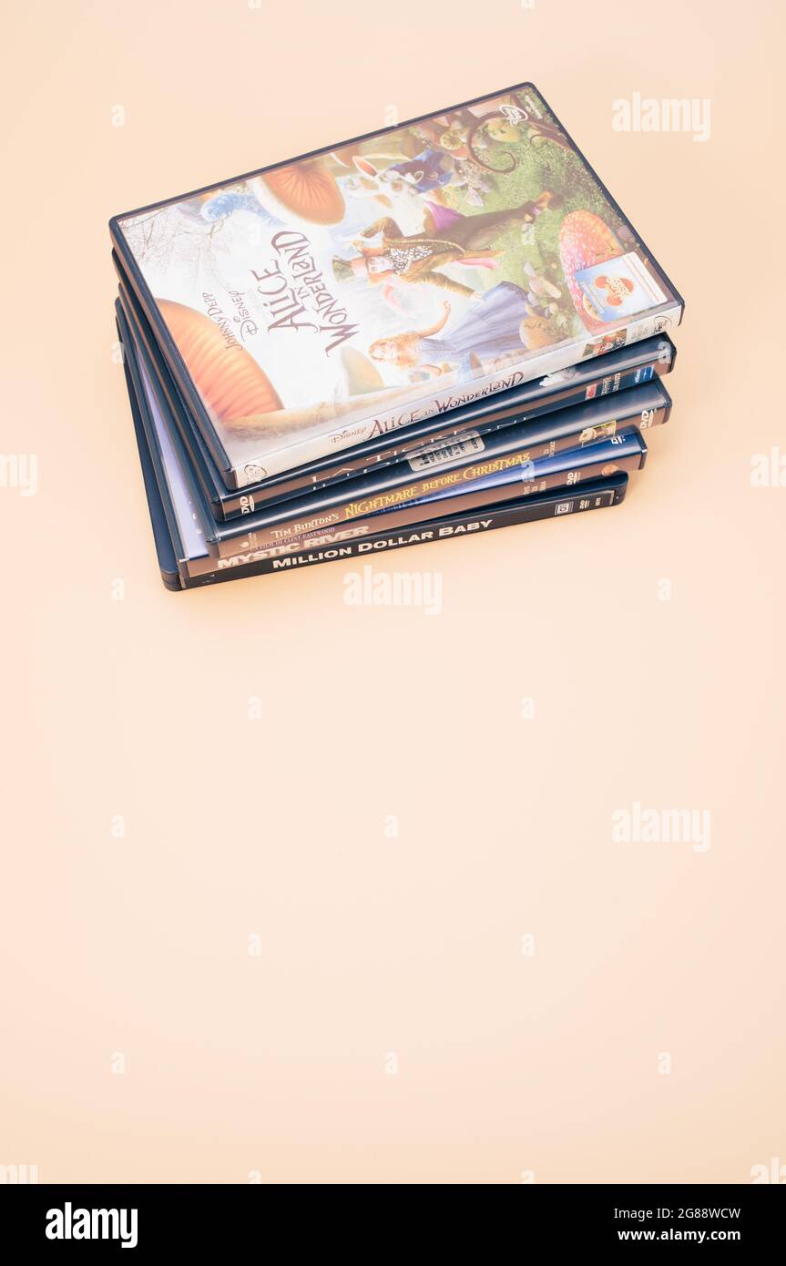 piled up films and documentaries in dvd and blue-ray format Stock Photo ...