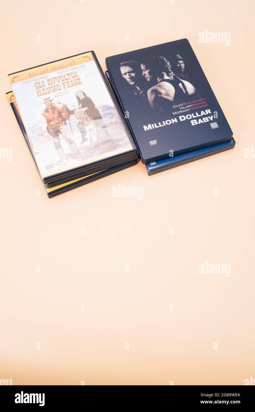 piled up films and documentaries in dvd and blue-ray format Stock Photo ...