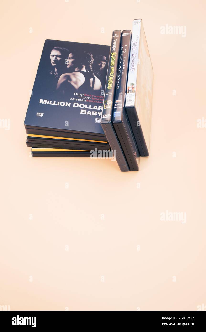 piled up films and documentaries in dvd and blue-ray format Stock Photo ...