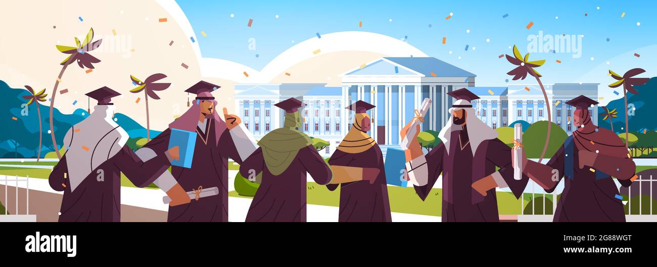 arab graduated students standing together near university building ...
