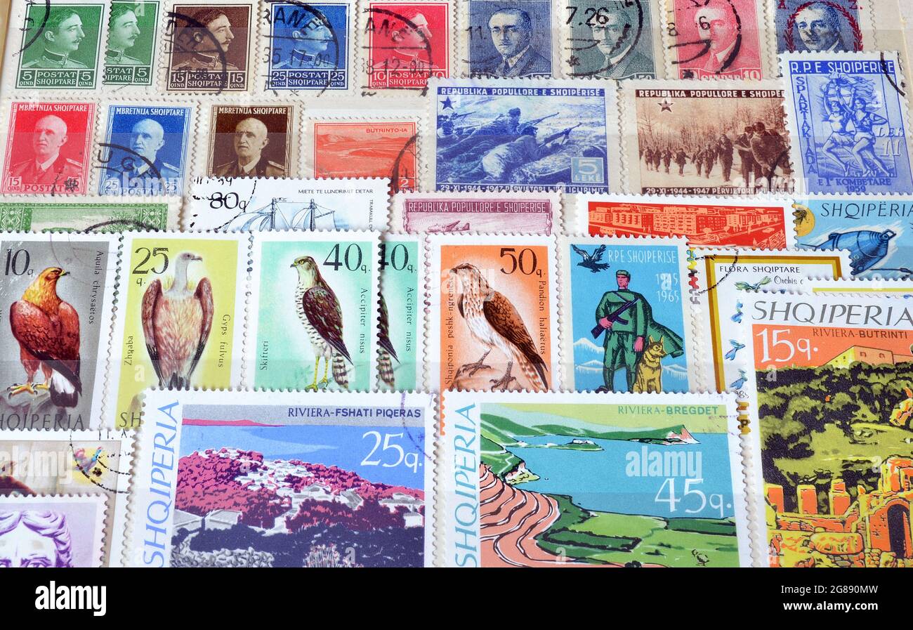 Cancelled postage stamp printed by Albania, that show motives from ...