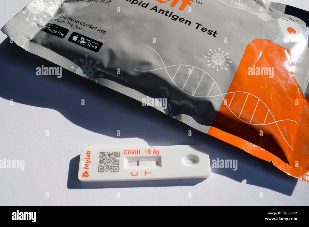 Covid-19 disease rapid antigen nasal testing kit. Testing done at home ...