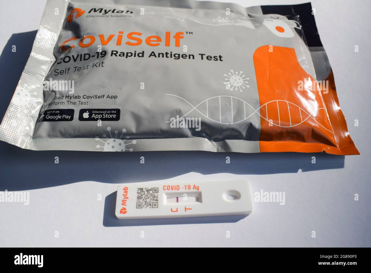 Covid-19 disease rapid antigen nasal testing kit. Testing done at home ...