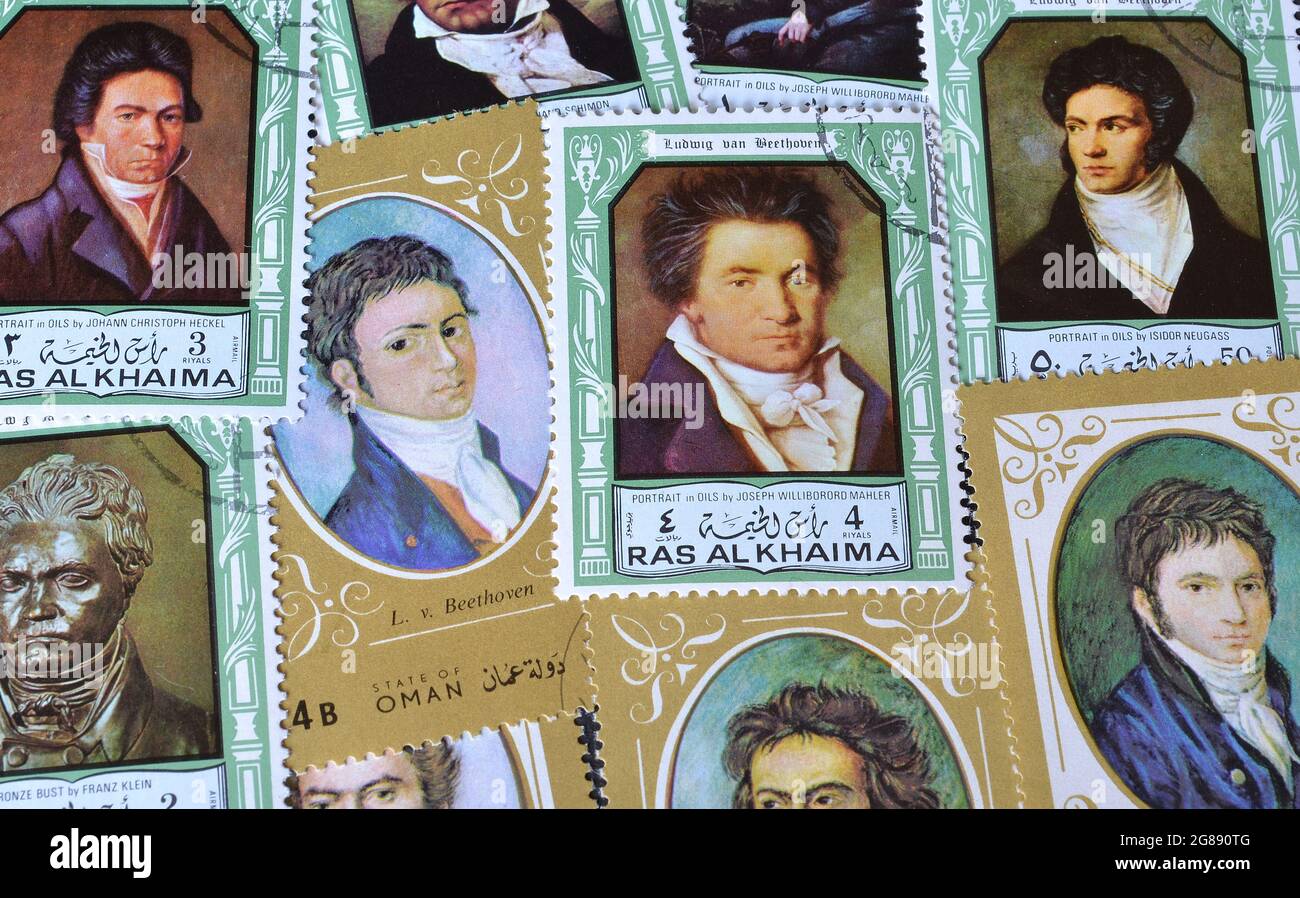 Cancelled Postage Stamp Printed By Oman Ras Al Khaima That Show Portrait Of Ludwig Van