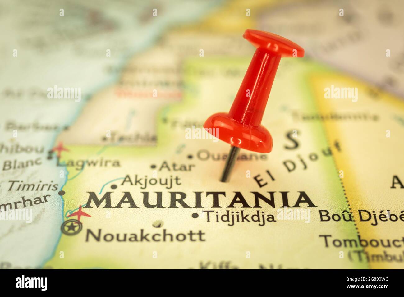 Location Mauritania, map with push pin closeup, travel and journey ...