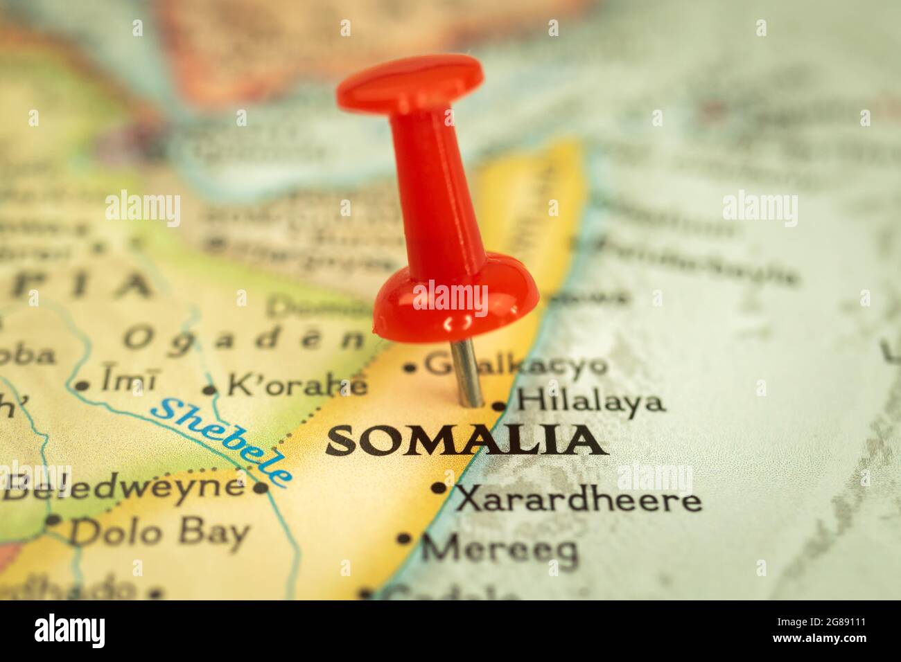 Location Somalia, map with push pin closeup, travel and journey concept ...