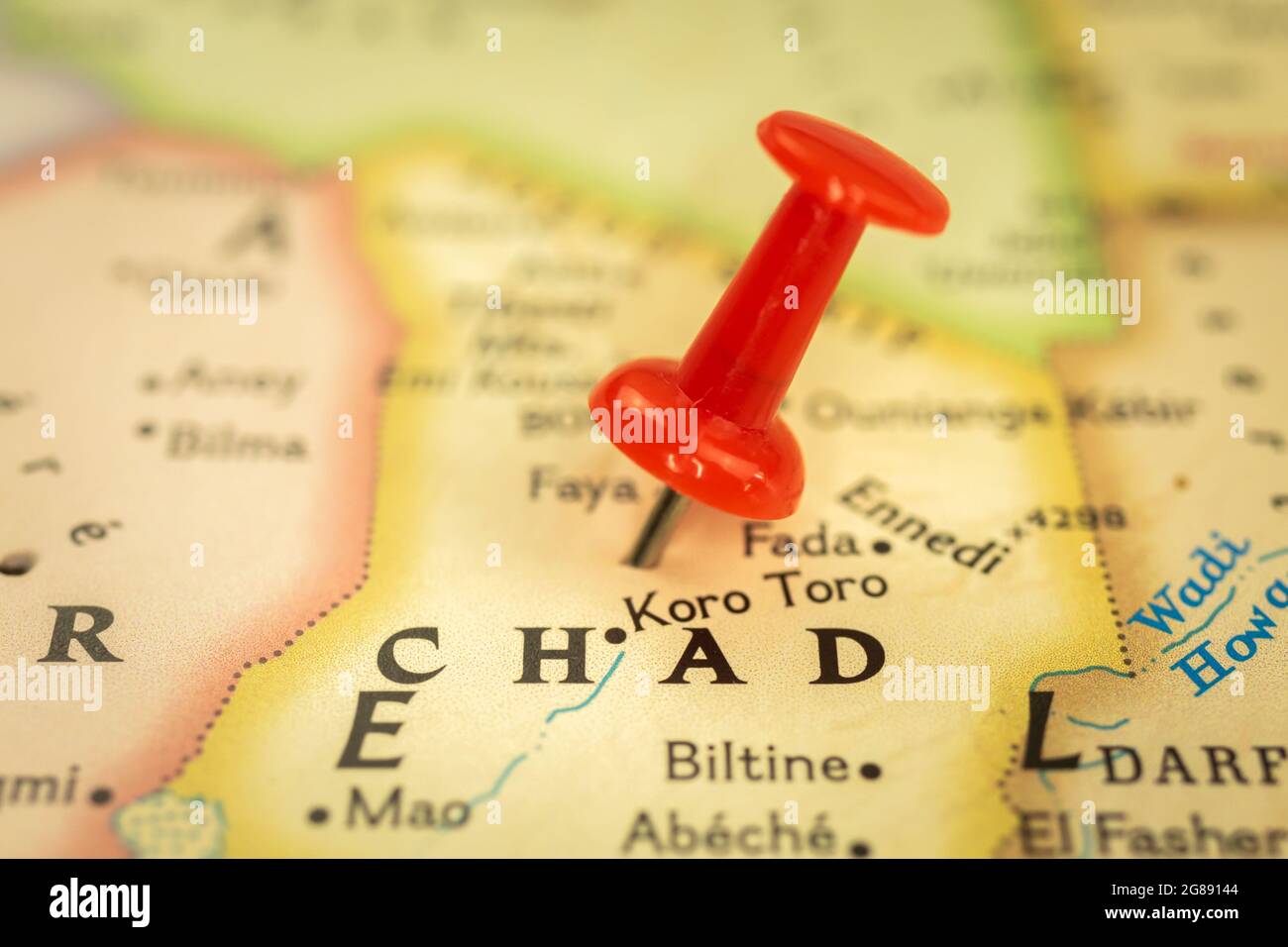 Location Chad, map with push pin closeup, travel and journey concept ...