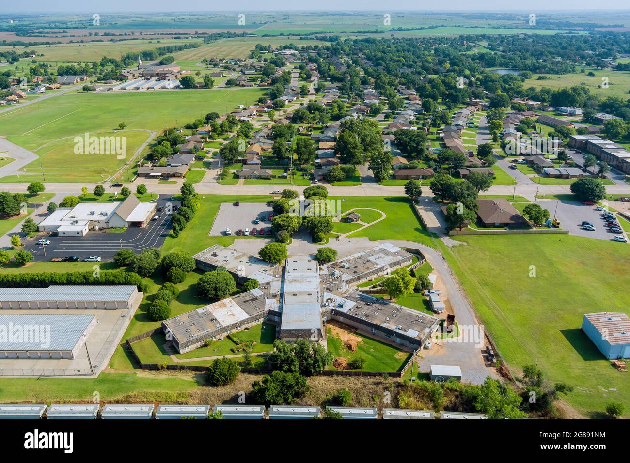 Aerial view of residential district at suburban development with a ...