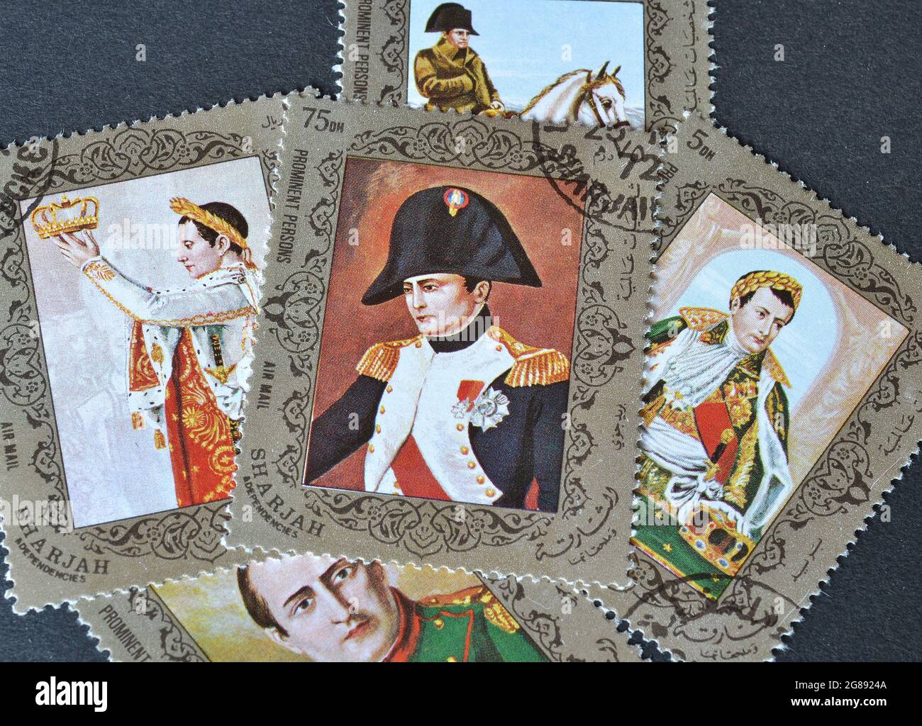 Cancelled postage stamp printed by Sharjah, that show portrait of ...