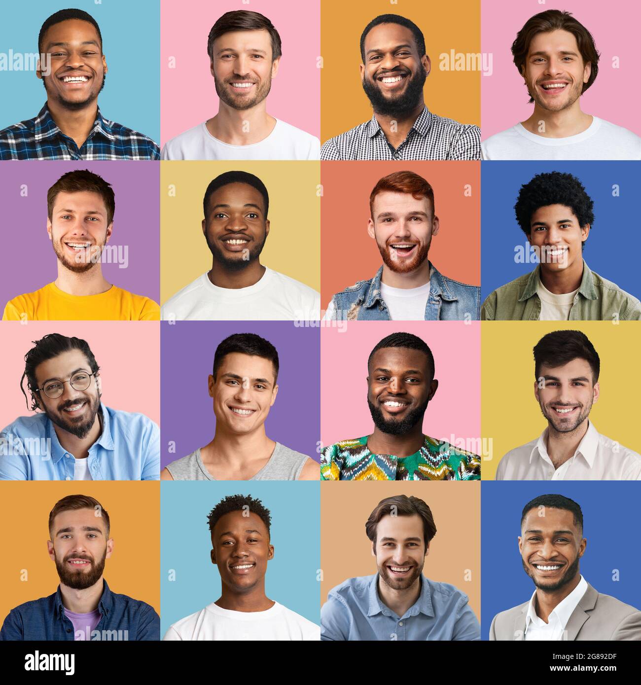 Cheerful men different nationalities posing on colorful backgrounds ...