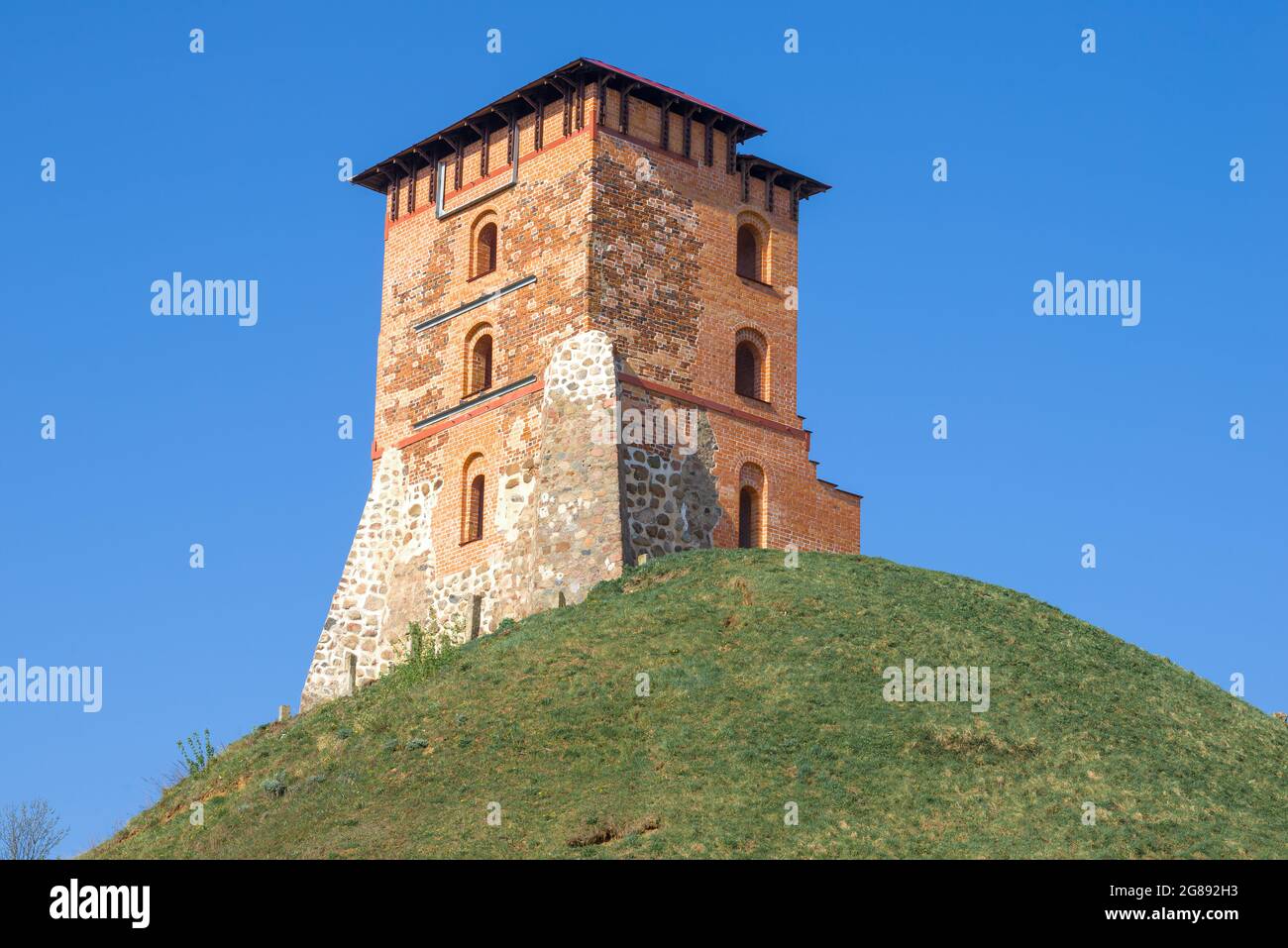 The restored tower of the ancient medieval castle on a sunny April day ...
