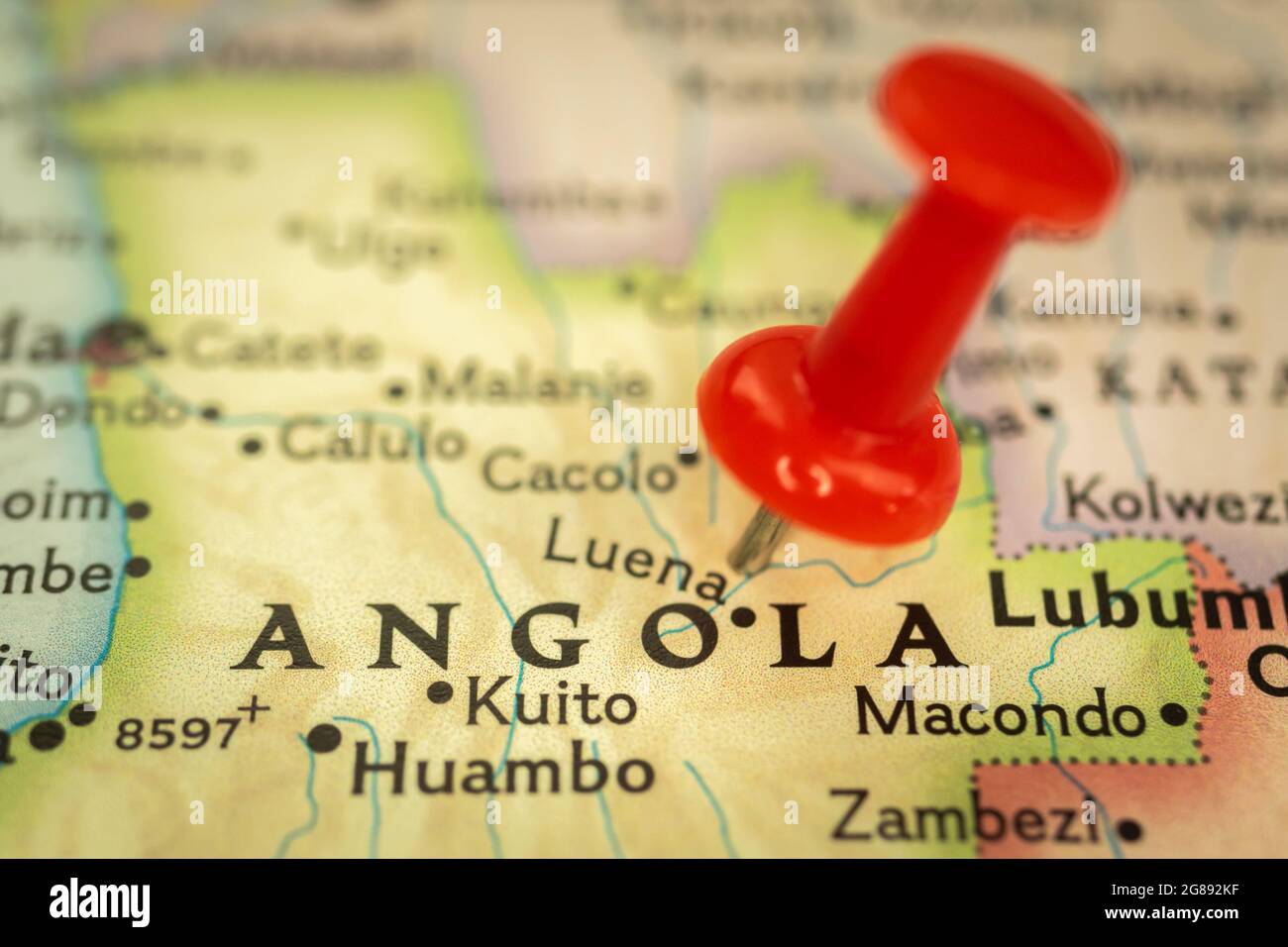 Location Angola, map with push pin closeup, travel and journey concept ...