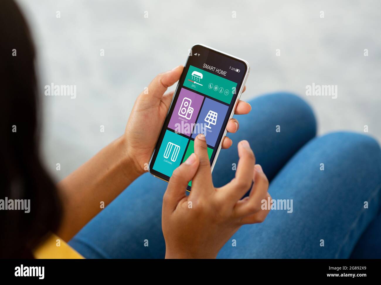 Smart home technology interface on screen of phone app with augmented ...
