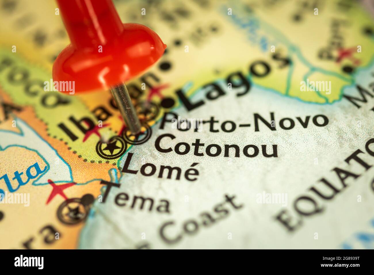 Location Cotonou in Benin, map with push pin closeup, travel and ...