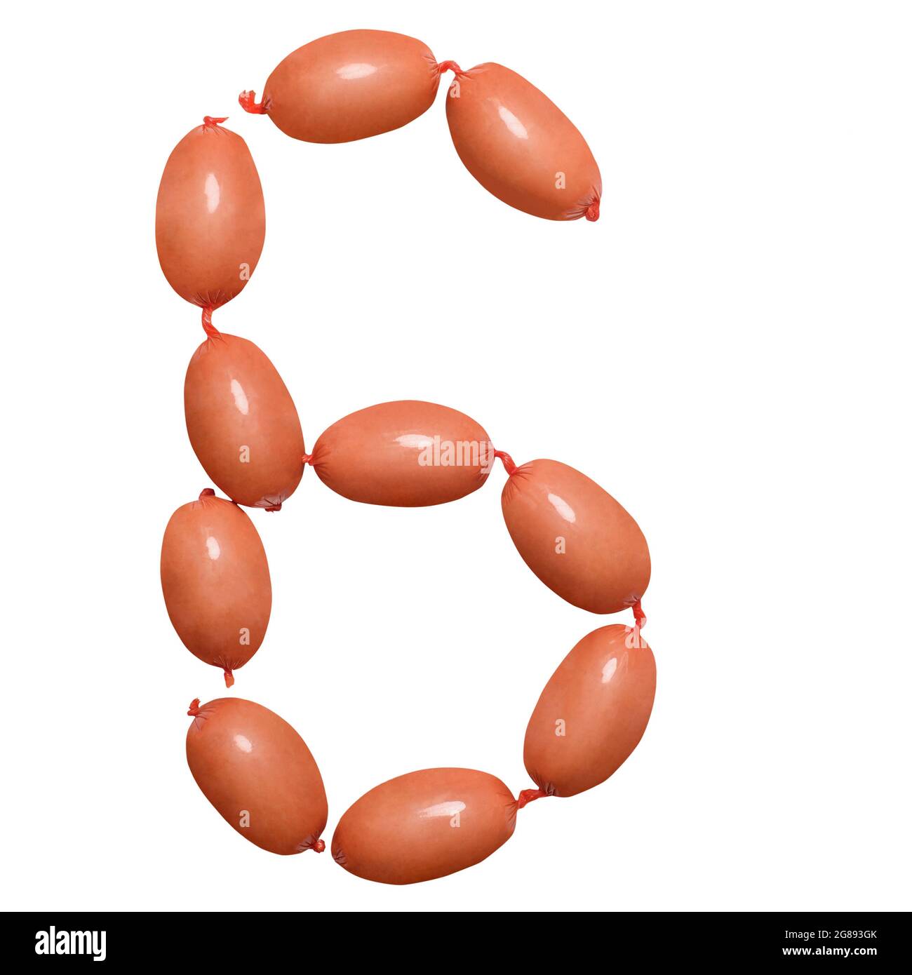 Number 6 six arranged from sausage isolated on white background with ...