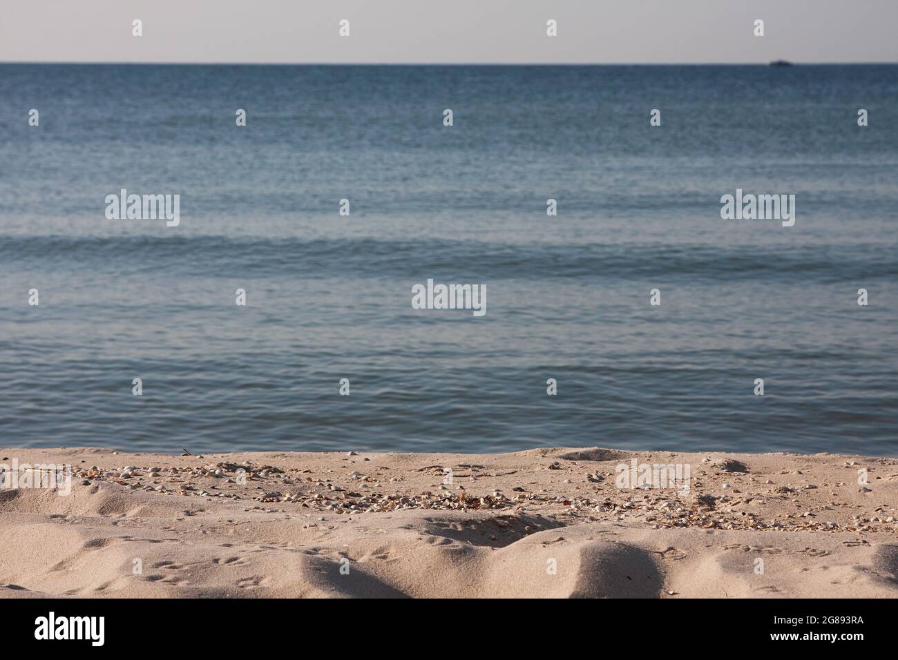 Tropical beach view. Calm and relaxing empty beach scene, blue sky and ...