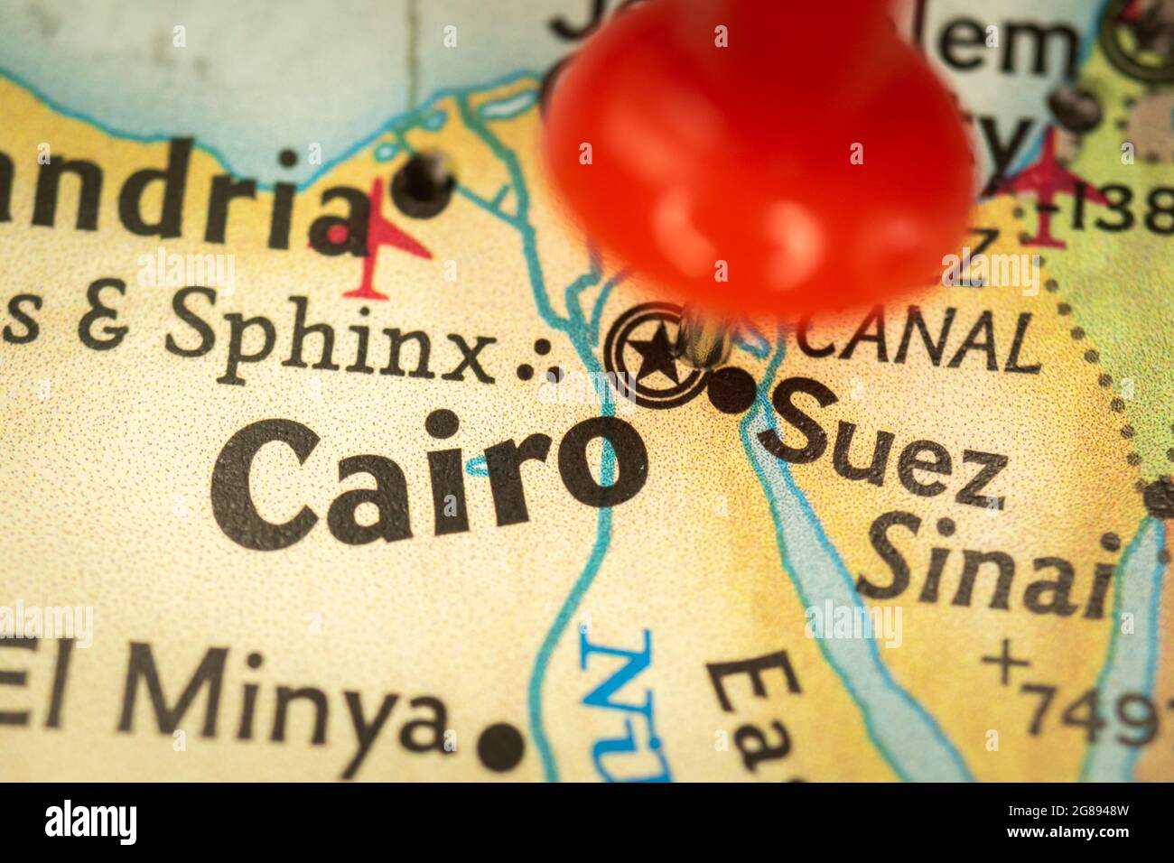 Location Cairo in Egypt, map with push pin closeup, travel and journey ...