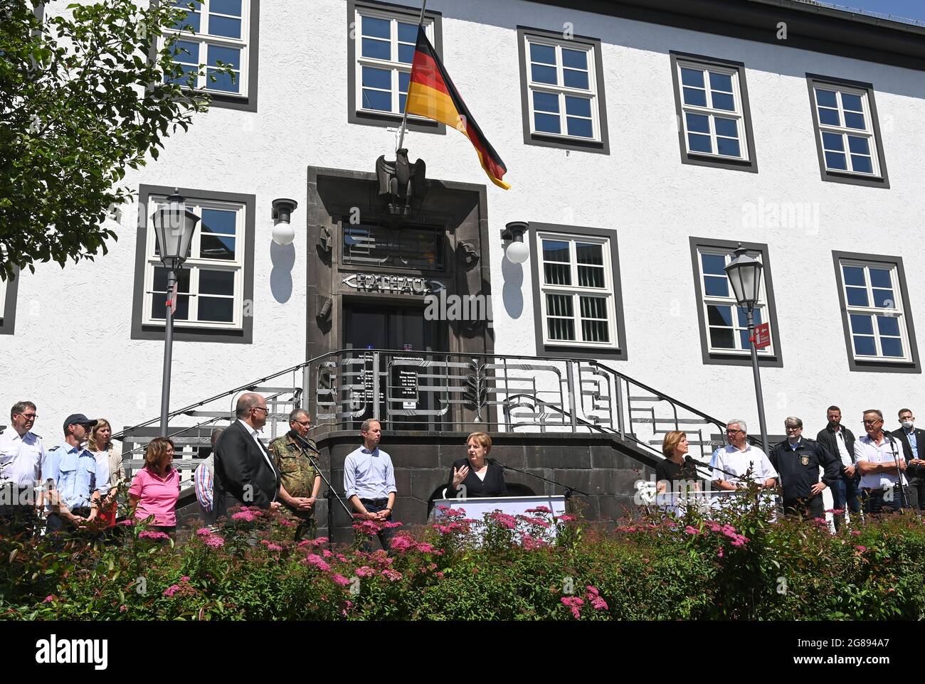 Adenau, Germany. 18th July, 2021. German Chancellor Angela Merkel (M ...