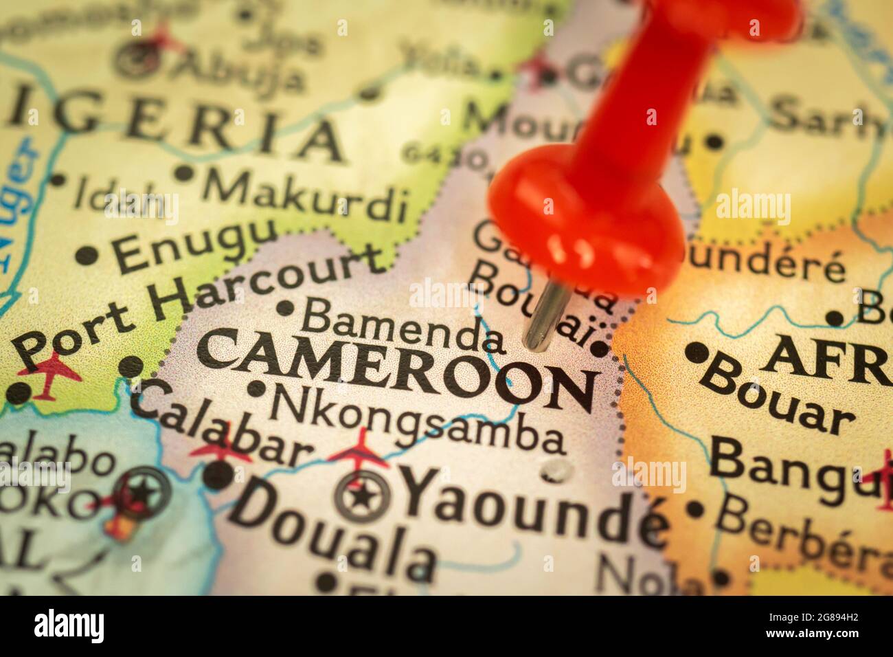 Location Cameroon, map with push pin closeup, travel and journey ...