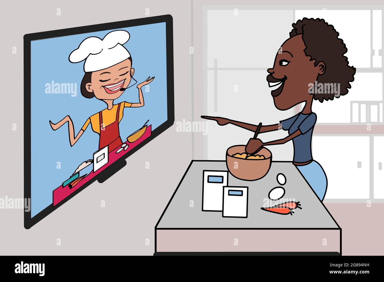 cartoon black woman looking at the woman chef programme and making ...