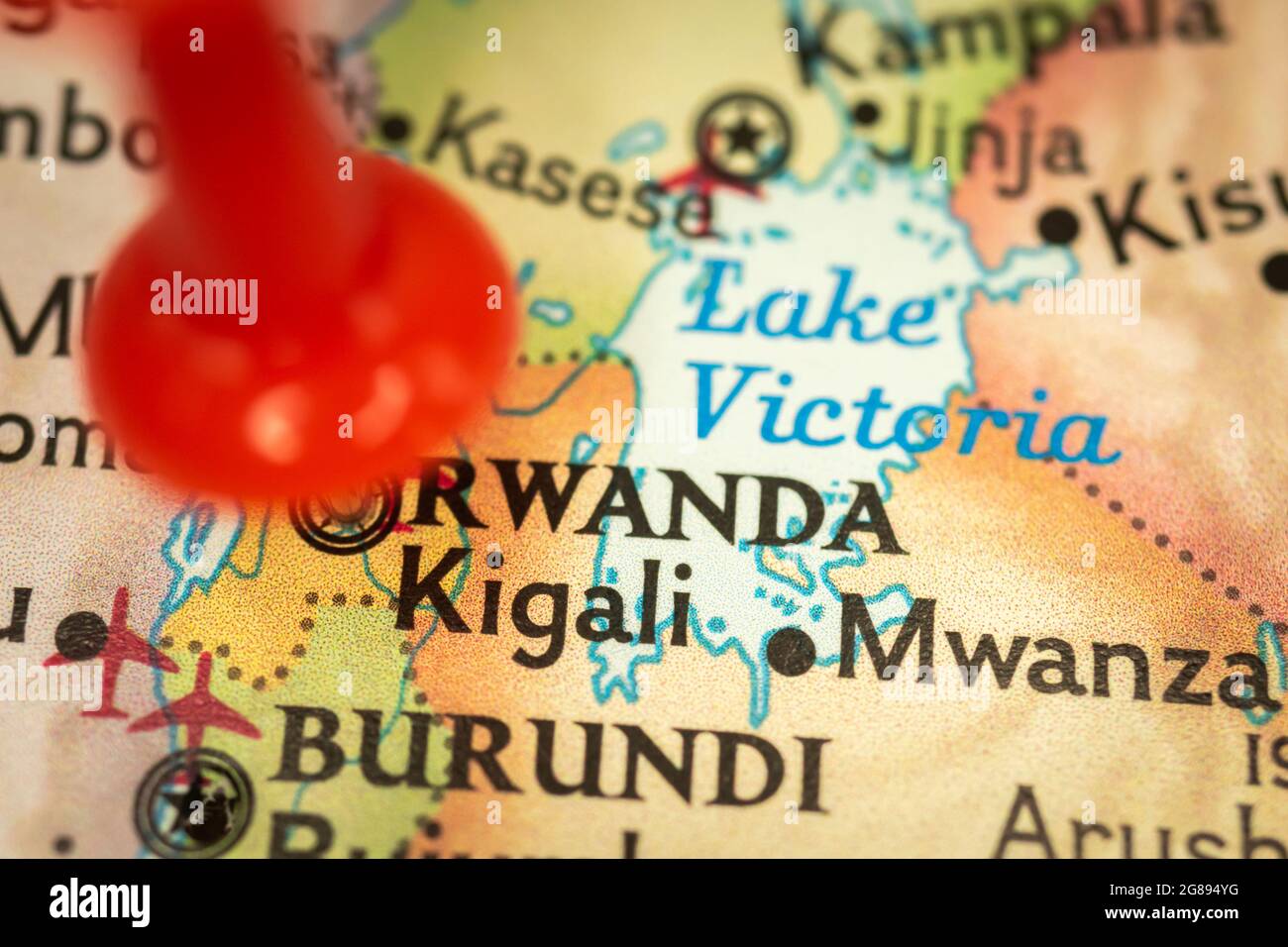 Location Rwanda and Kigali, map with push pin closeup, travel and ...
