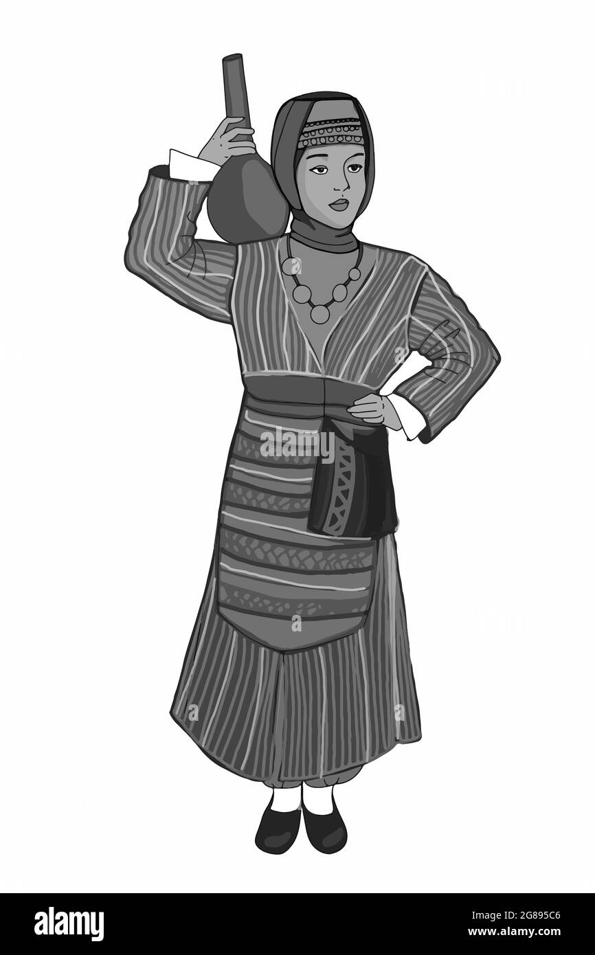 traditional woman standing and wearing turkish culture clothes ...
