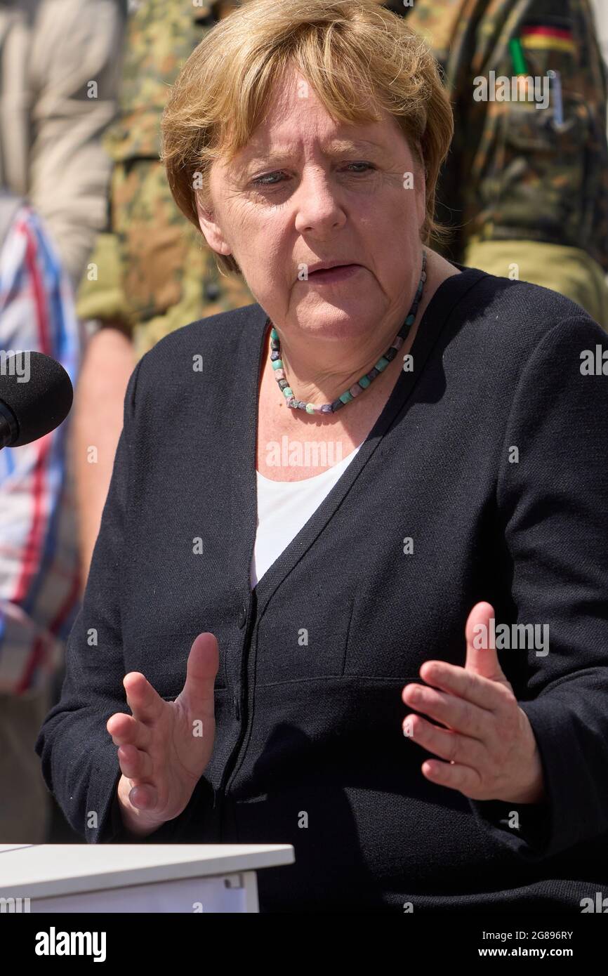 Adenau, Germany. 18th July, 2021. German Chancellor Angela Merkel makes ...