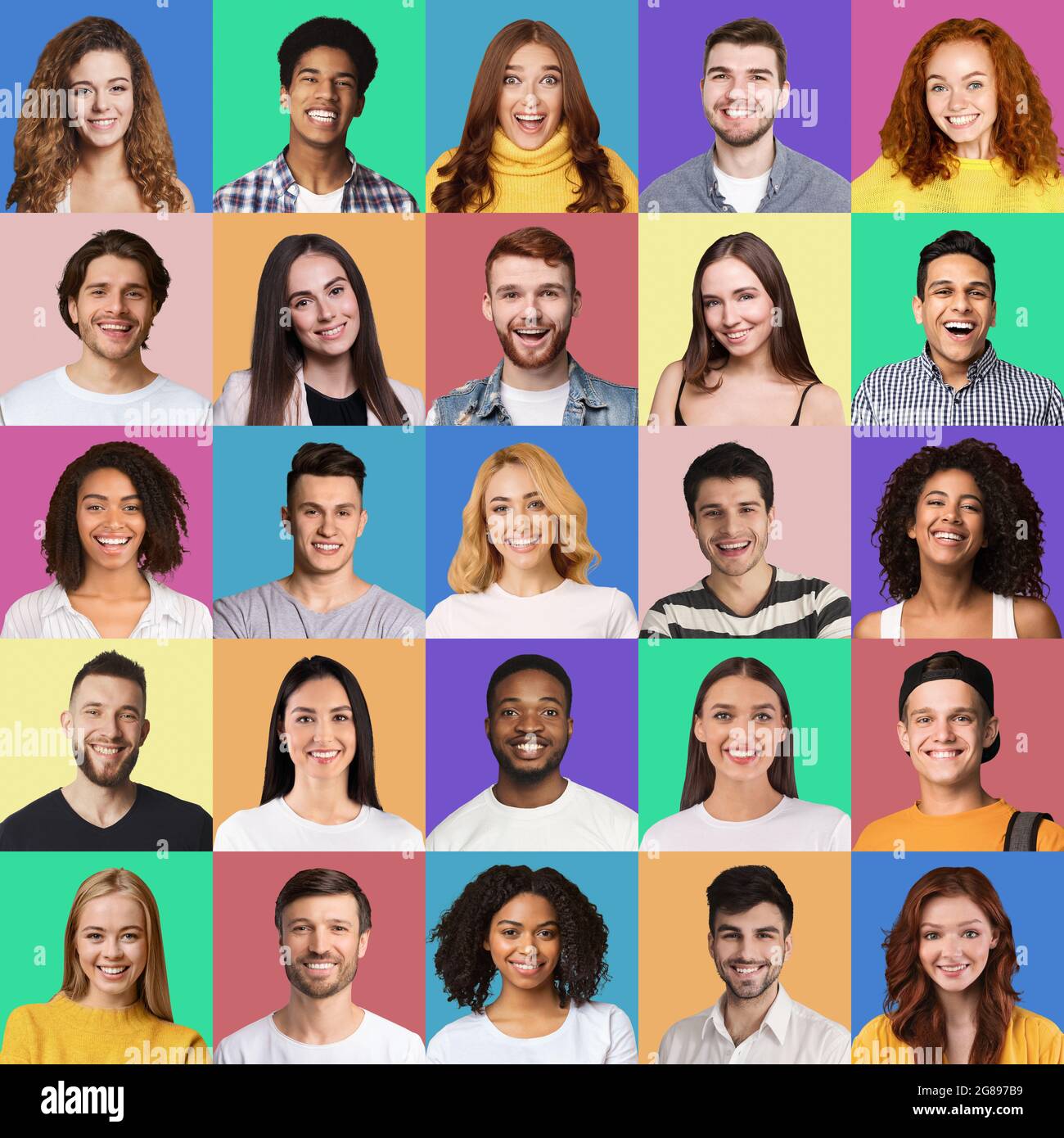 Portraits of positive multiracial millennial people posing on colorful ...