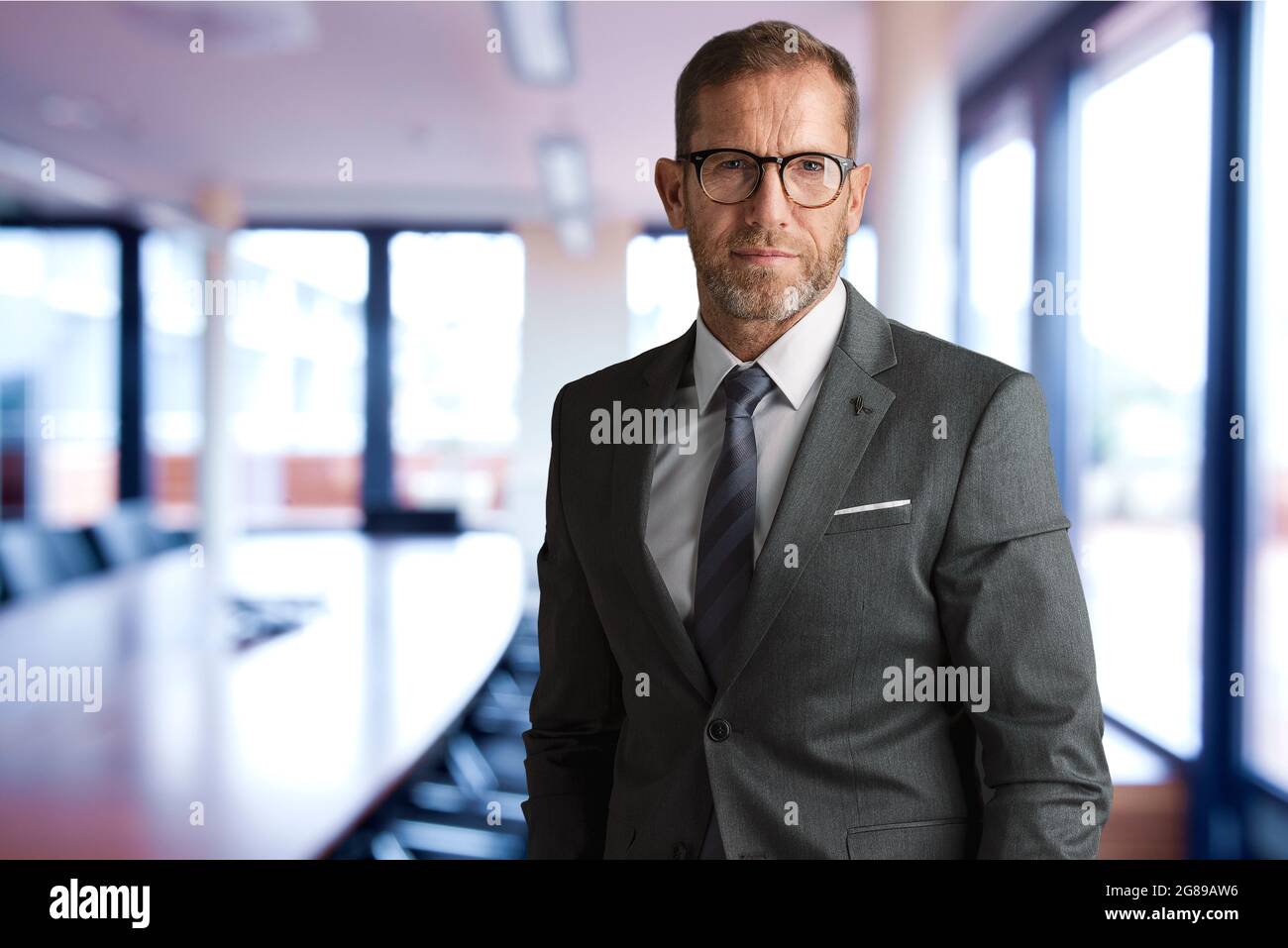 Portrait of executive businessman wearing suit and tie while standing ...