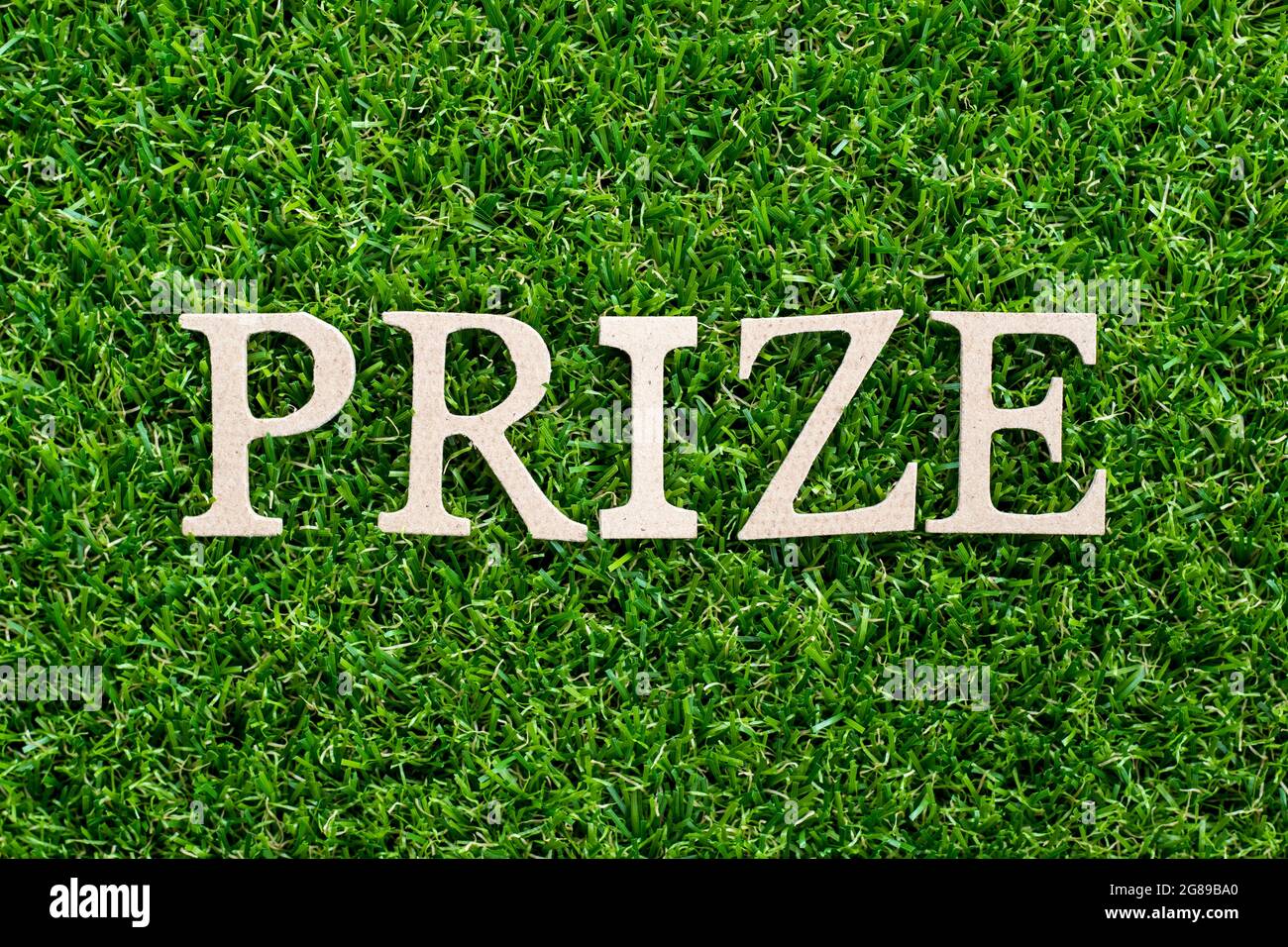 Wood letter in word prize on artificial green grass background Stock ...