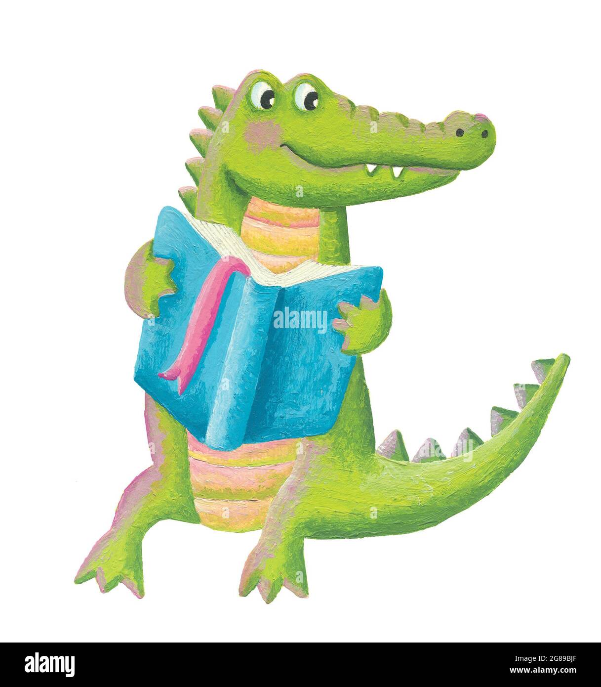 Acrylic illustration of the funny crocodile reading book Stock Photo ...