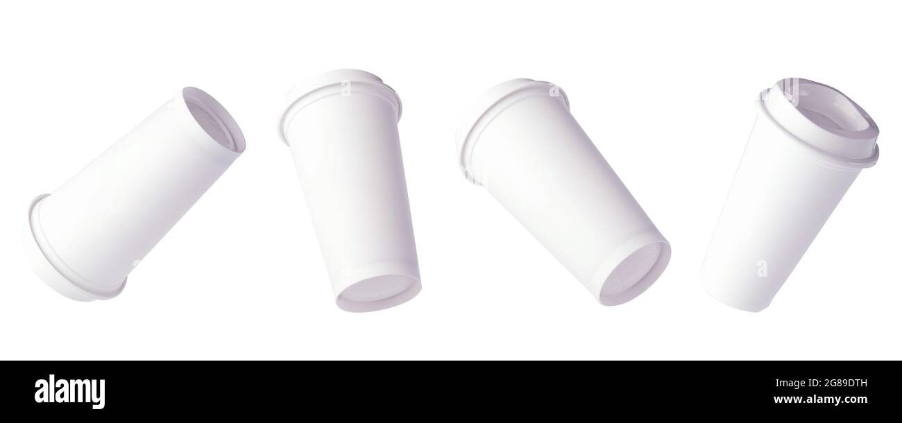 Mockup plastic cup for coffee flying isolated on white background. Four ...